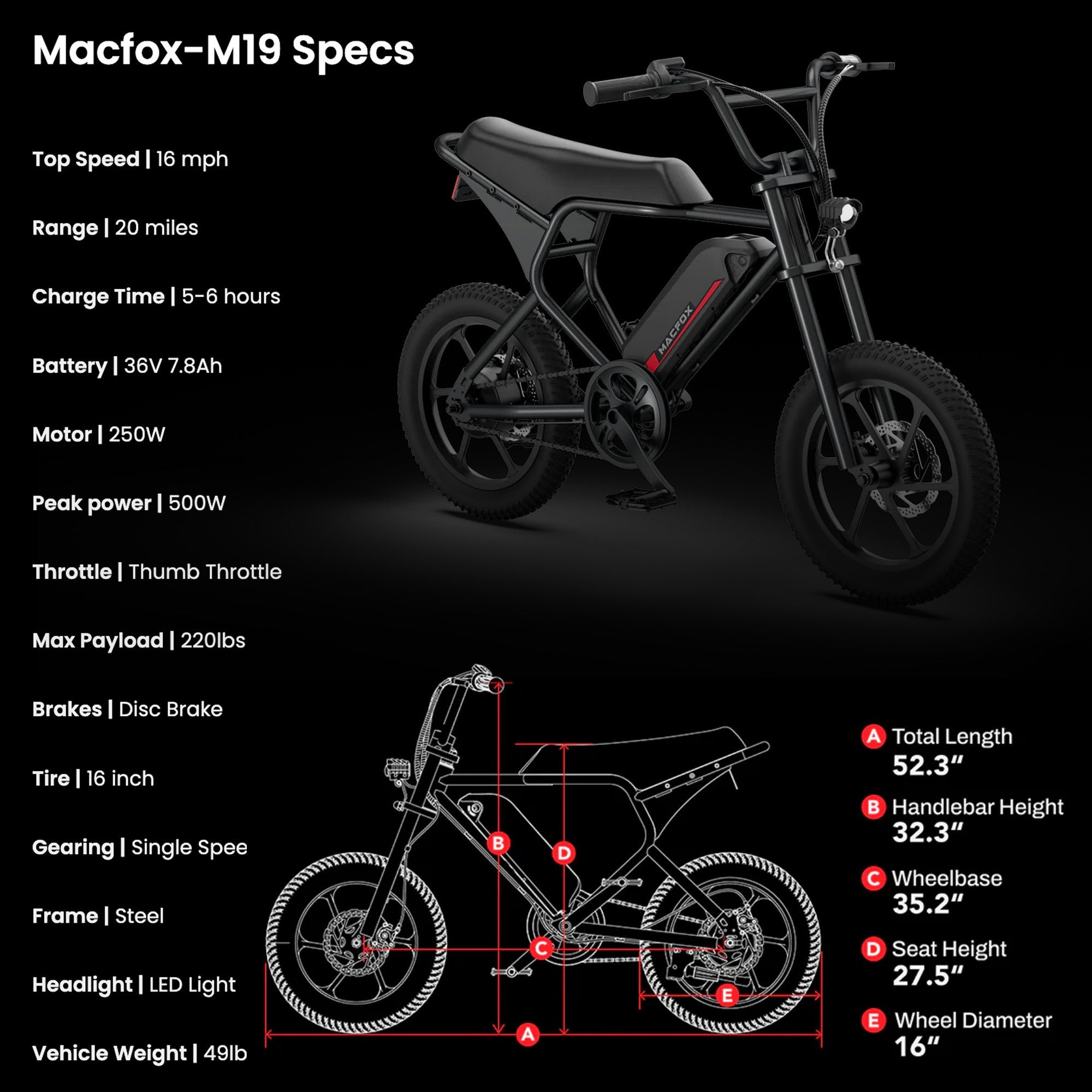 MACFOX M19 Electric e-Moto Style eBike 250 w 36v Step Over electric ...