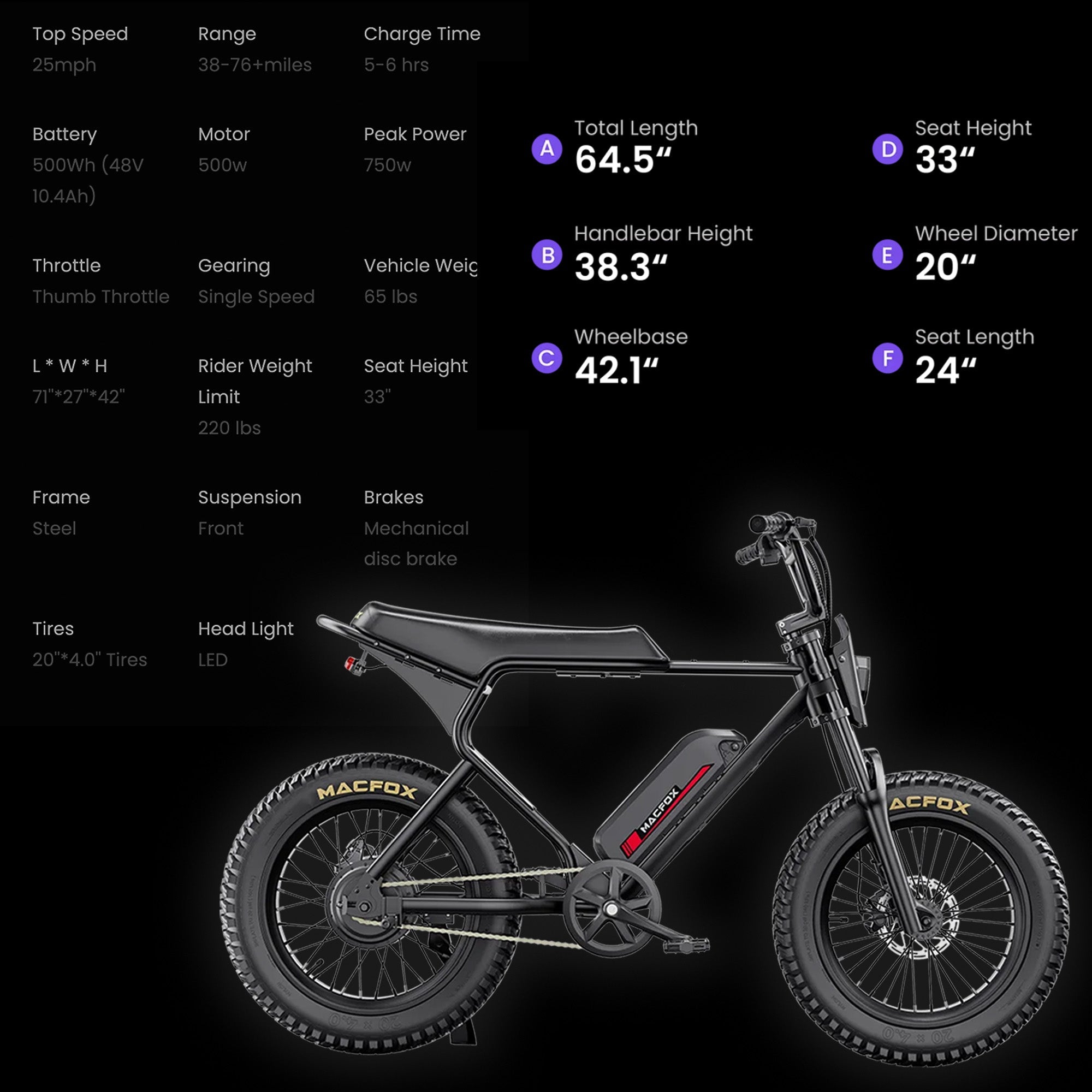 MACFOX X1S Commuter Electric e-Moto Style eBike 500 w 48v Step Over ...